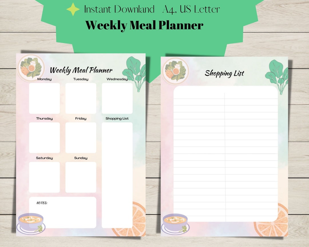 Weekly Meal Planner Printable, Grocery List, Weekly Food Diary, Digital ...