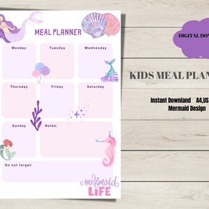 Kids Meal Planner, Printable Weekly Meal Planer, Mermaid Design, Daily ...