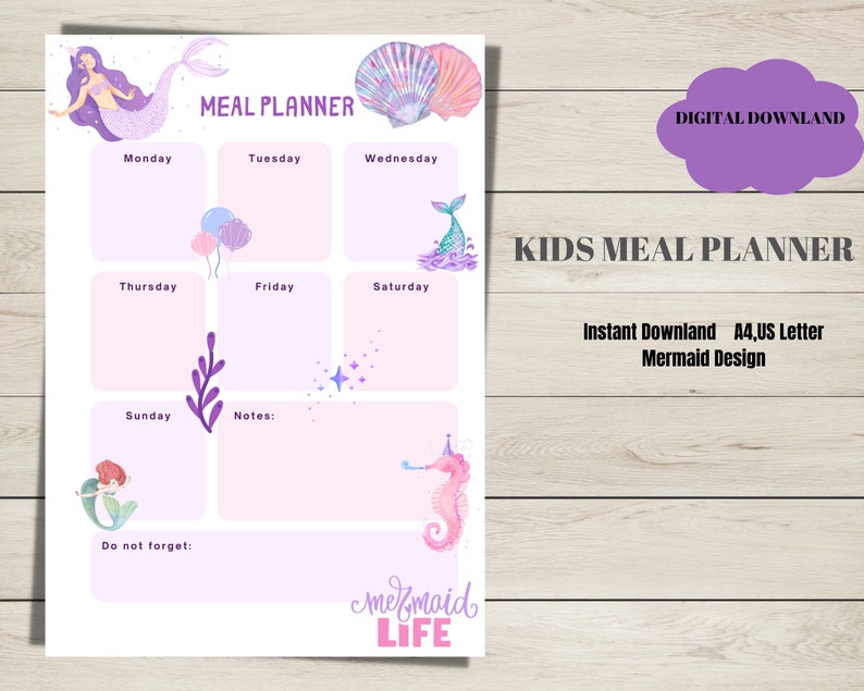 Kids Meal Planner, Printable Weekly Meal Planer, Mermaid Design, Daily ...