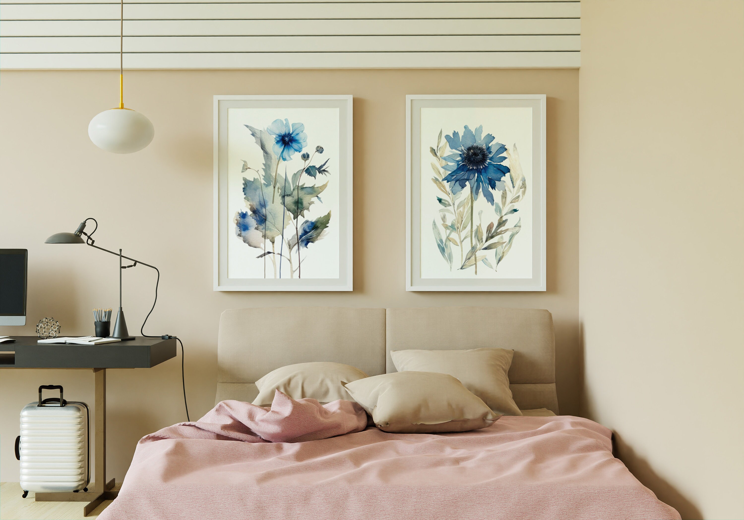 Navy Blue Spring Meadow Flowers Diptych Art, Watercolor Nature Inspired ...