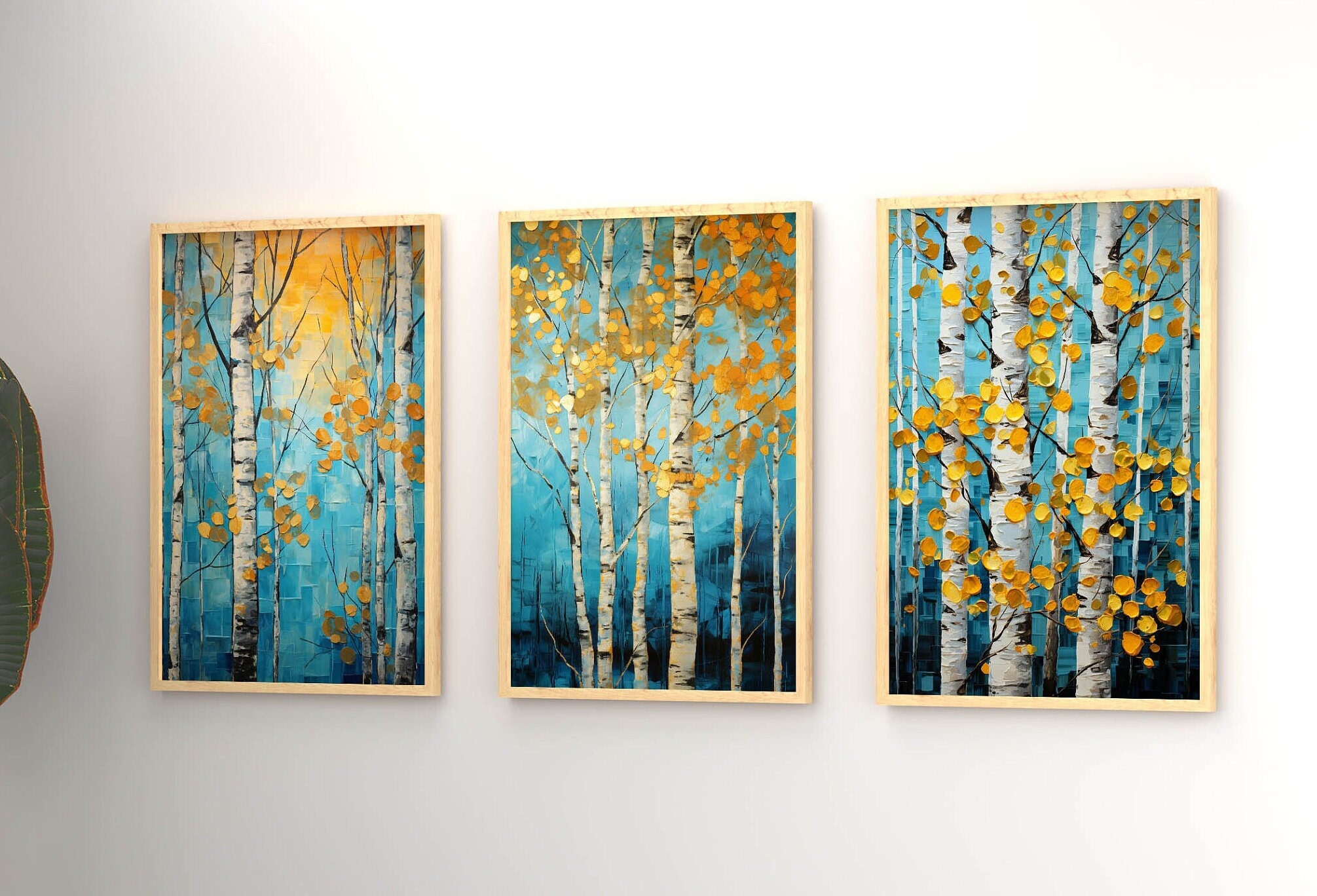 Birch Tree Art Set of 3 Tree Abstract Painting Gold and Navy Blue Art ...