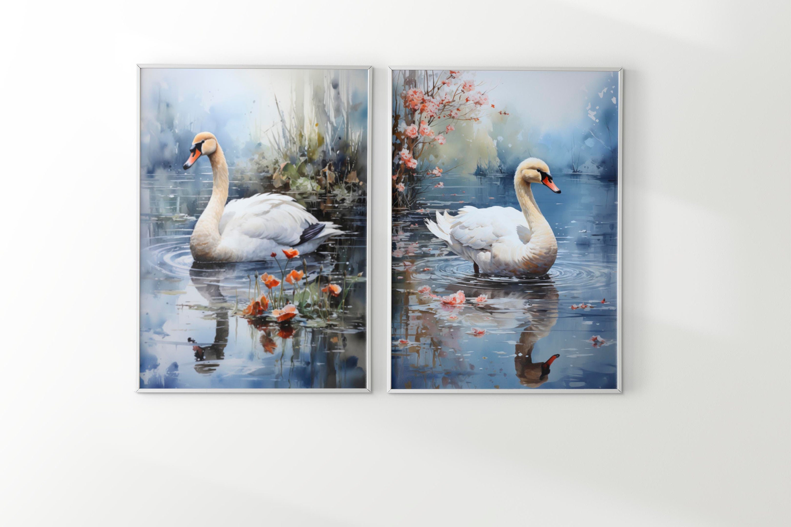 Swan Wall Art Painting Print Set of 2 Swan Decor Calming Wall Art for ...