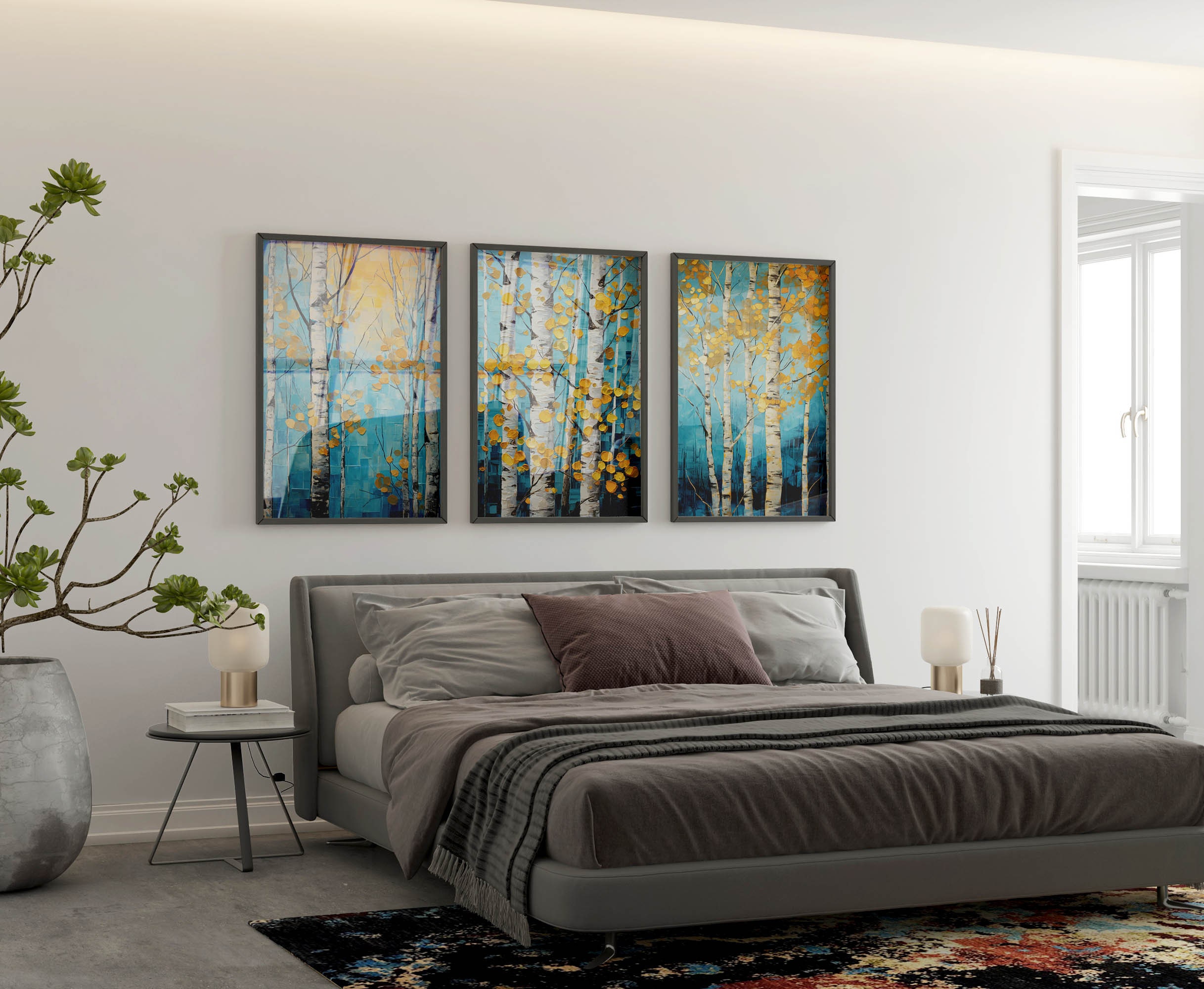 Birch Tree Art Set of 3 Tree Abstract Painting Gold and Navy Blue Art ...