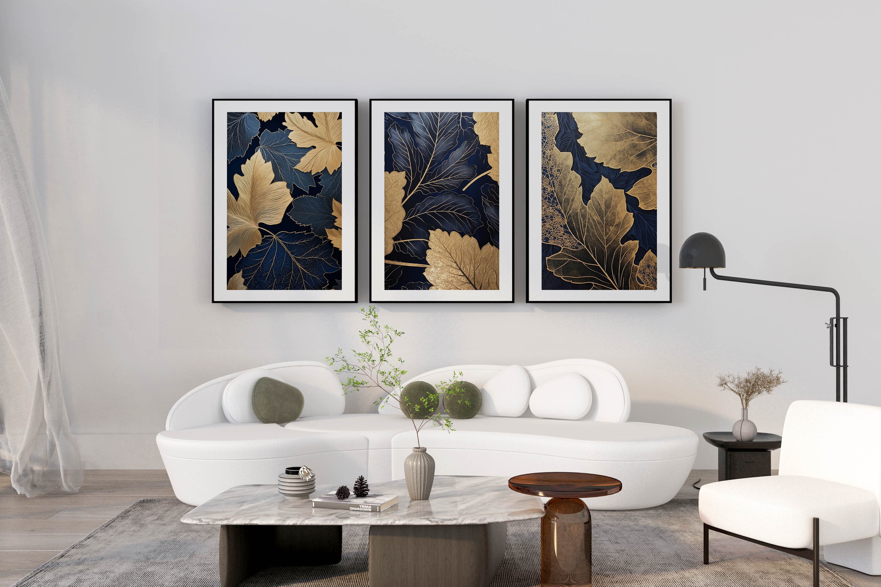 Set of 3 Leaf Botanical Wall Art Navy Blue & Gold Botanical Wall Art ...