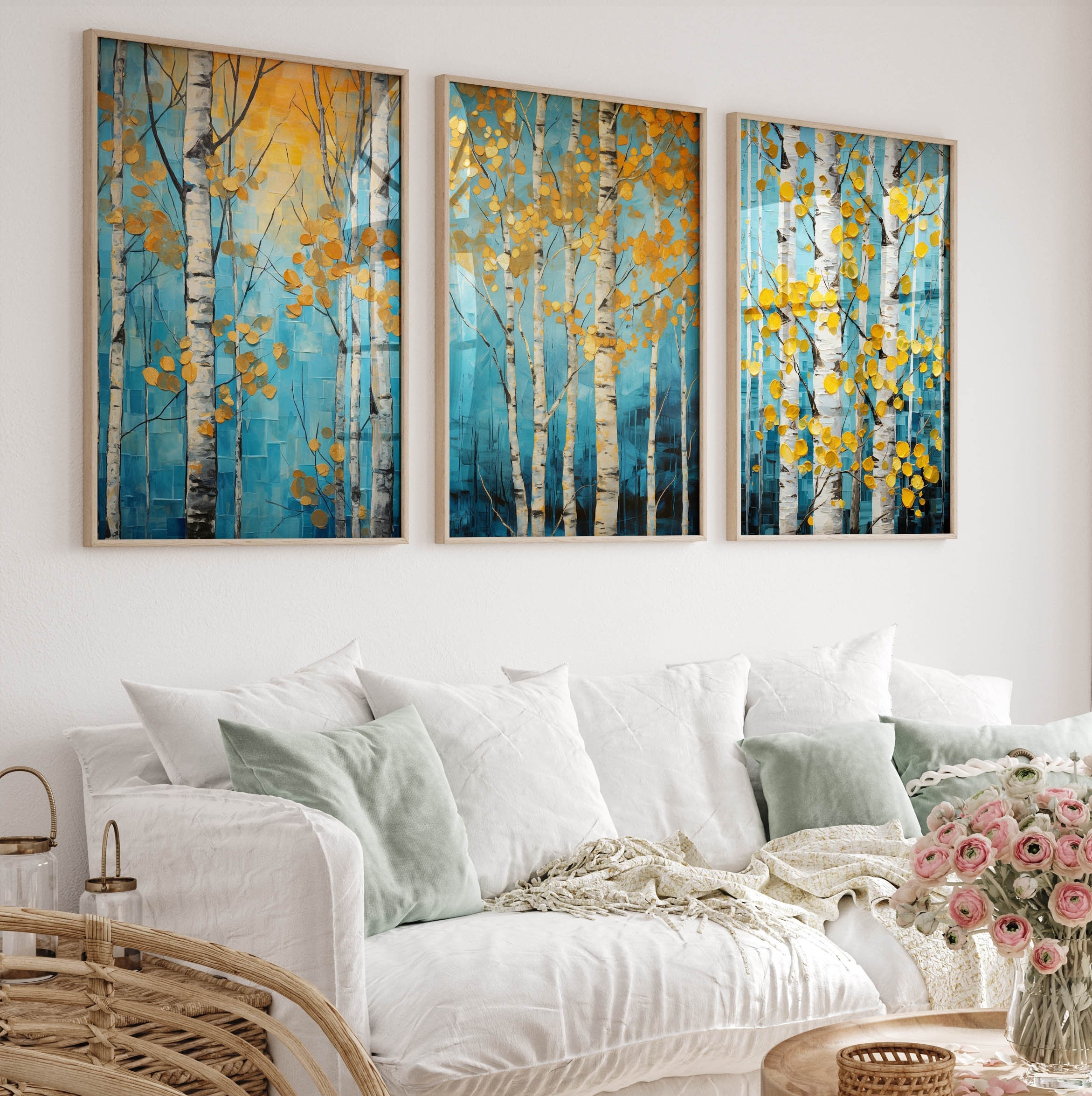 Birch Tree Art Set of 3 Tree Abstract Painting Gold and Navy Blue Art ...