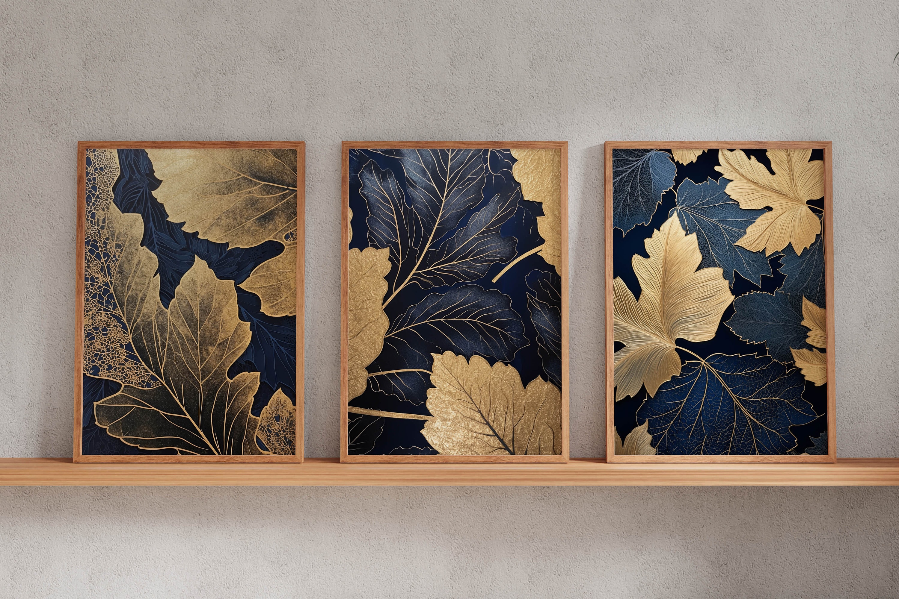 Set of 3 Leaf Botanical Wall Art Navy Blue & Gold Botanical Wall Art ...