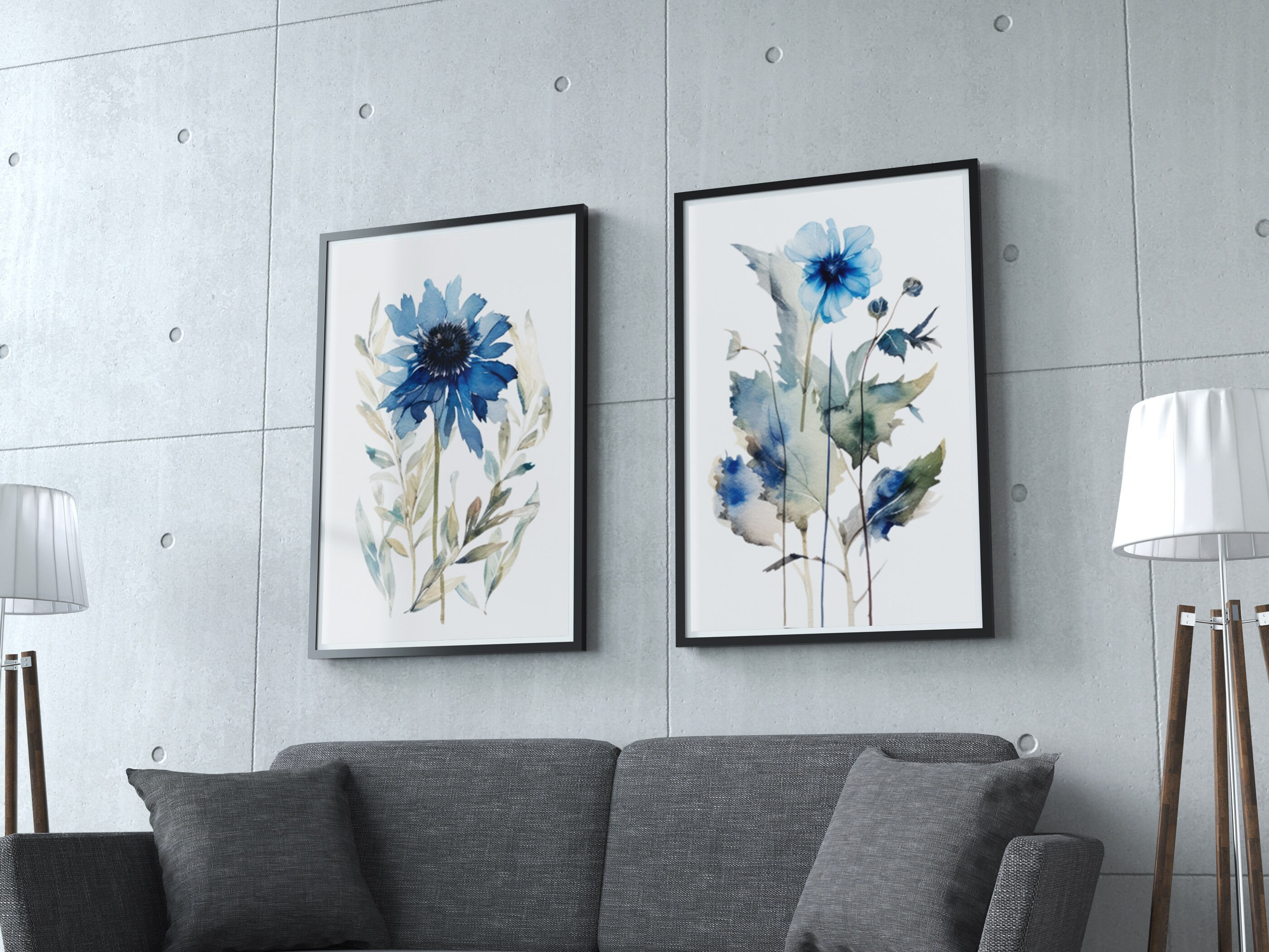 Navy Blue Spring Meadow Flowers Diptych Art, Watercolor Nature Inspired ...