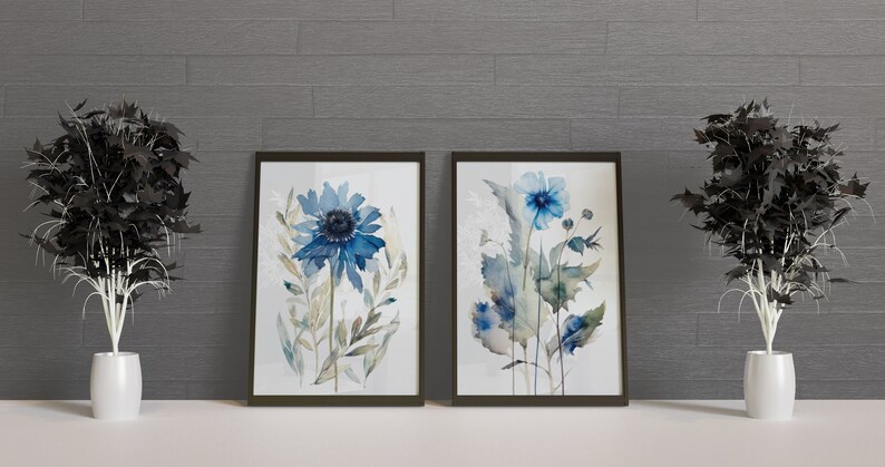 Navy Blue Spring Meadow Flowers Diptych Art, Watercolor Nature Inspired ...