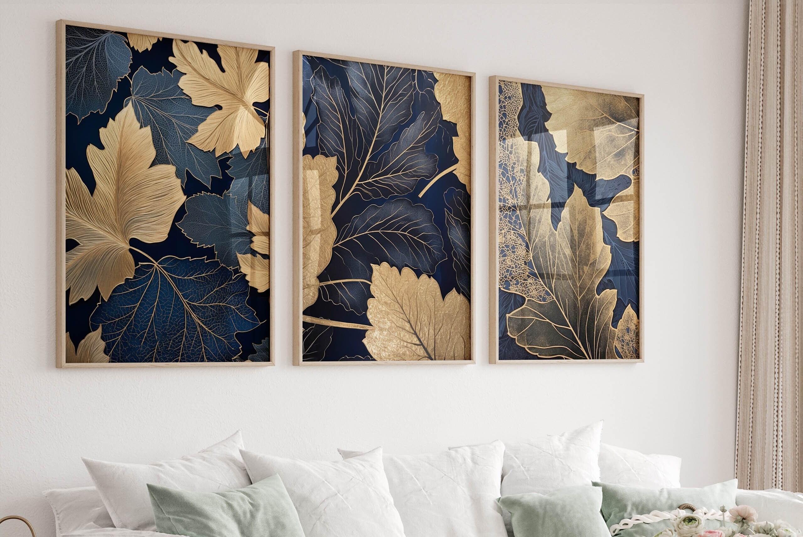 Set of 3 Leaf Botanical Wall Art Navy Blue & Gold Botanical Wall Art ...