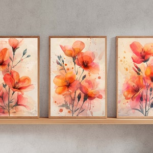 Set of 3 Orange Watercolor Flowers Triptych Living Room Art Prints - Etsy