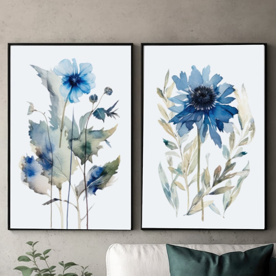 Navy Blue Spring Meadow Flowers Diptych Art, Watercolor Nature Inspired ...