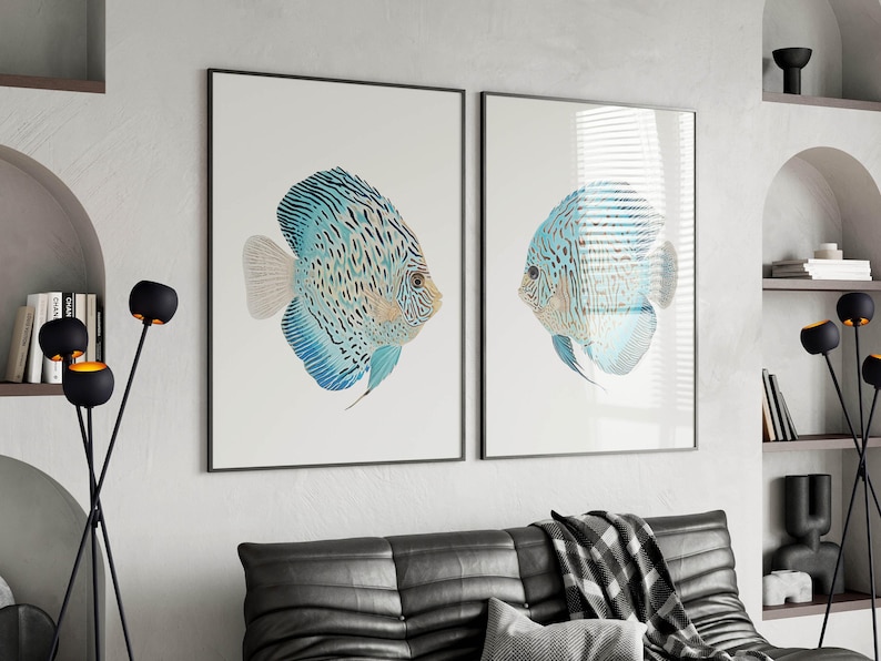 Blue Discus Fish Art Print Set: Watercolor Ocean Wall Decor - Etsy