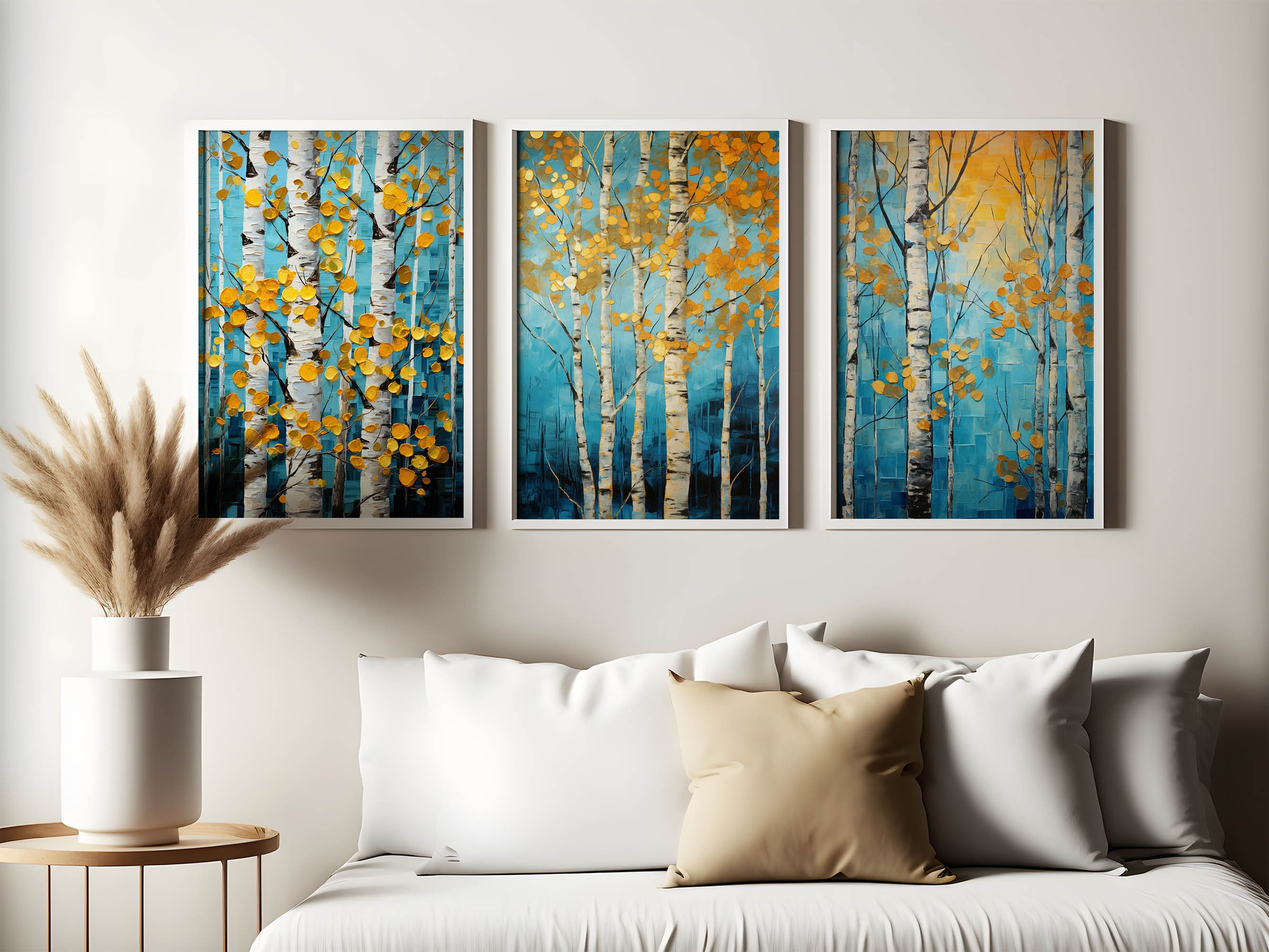 Birch Tree Art Set of 3 Tree Abstract Painting Gold and Navy Blue Art ...
