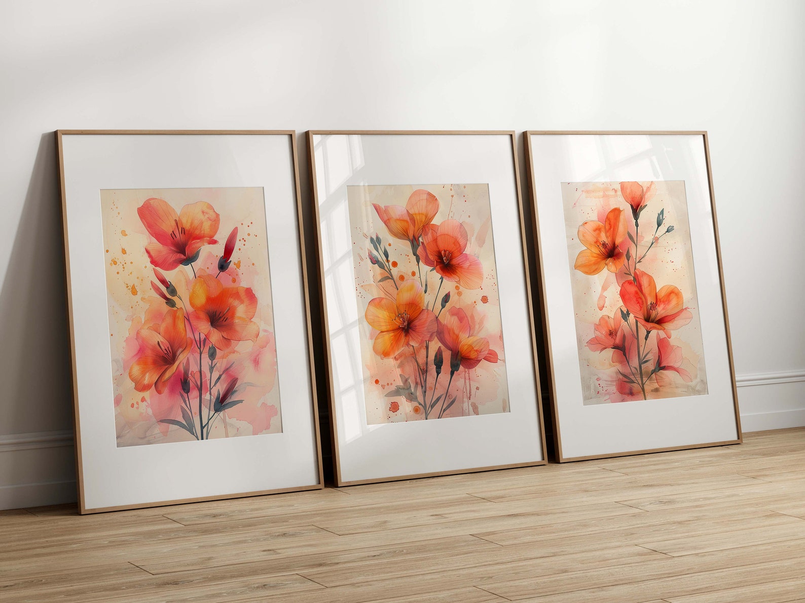 Set of 3 Orange Watercolor Flowers Triptych Living Room Art Prints - Etsy