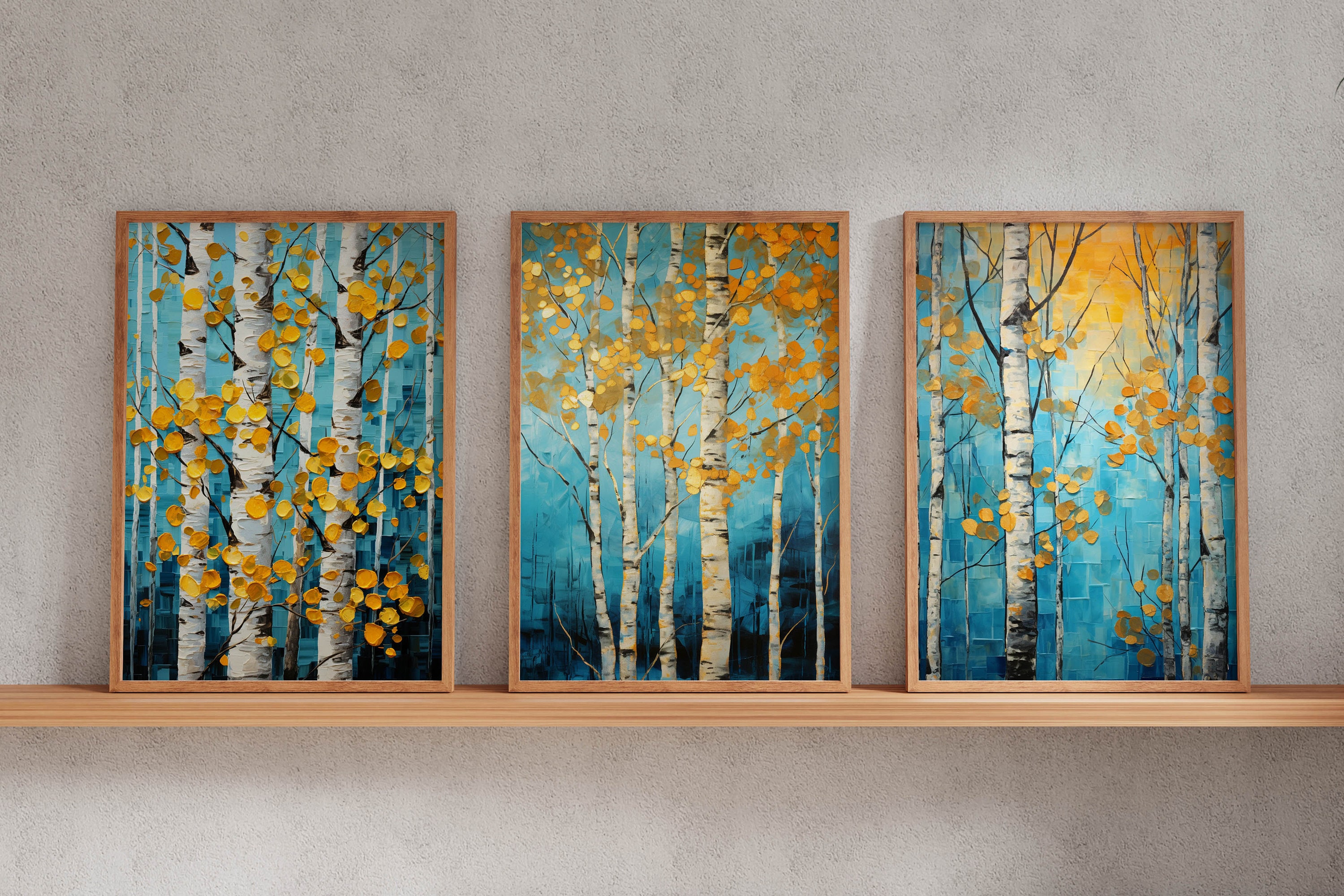 Birch Tree Art Set of 3 Tree Abstract Painting Gold and Navy Blue Art ...