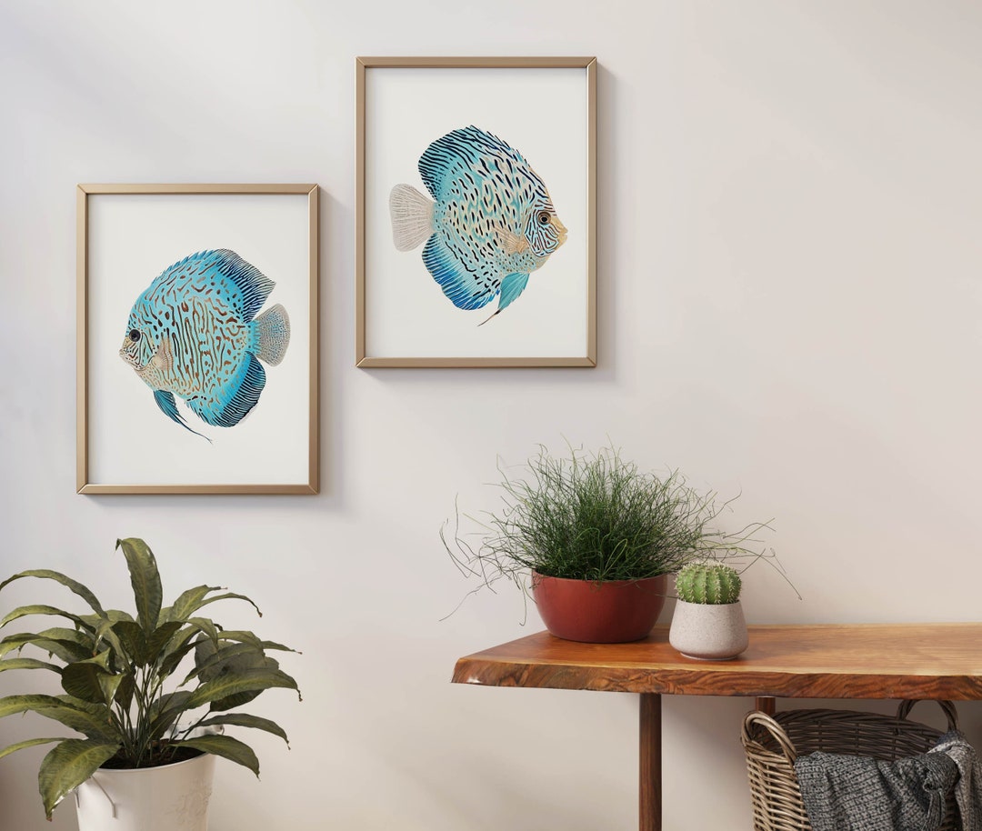 Blue Discus Fish Art Print Set: Watercolor Ocean Wall Decor - Etsy