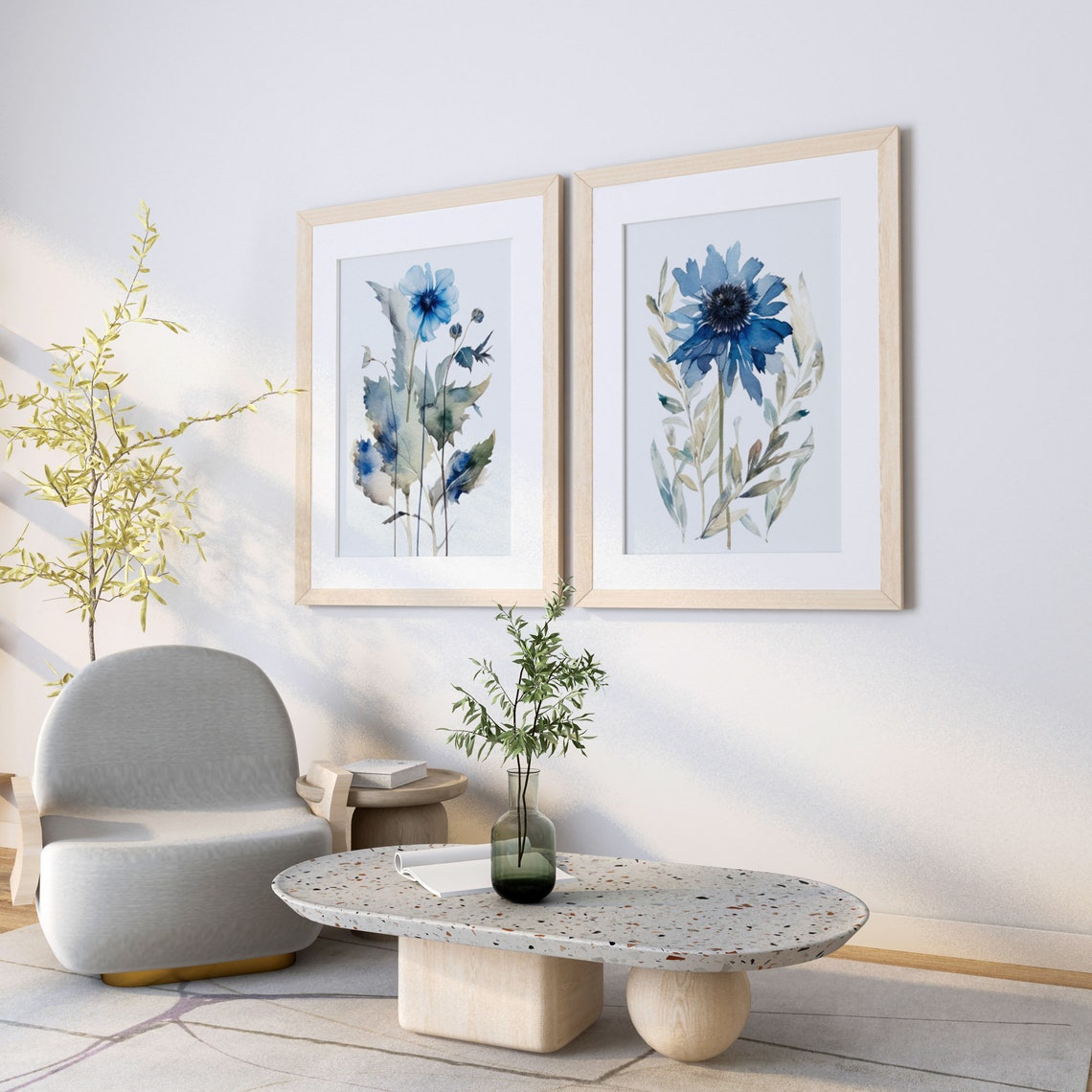 Navy Blue Spring Meadow Flowers Diptych Art, Watercolor Nature Inspired ...