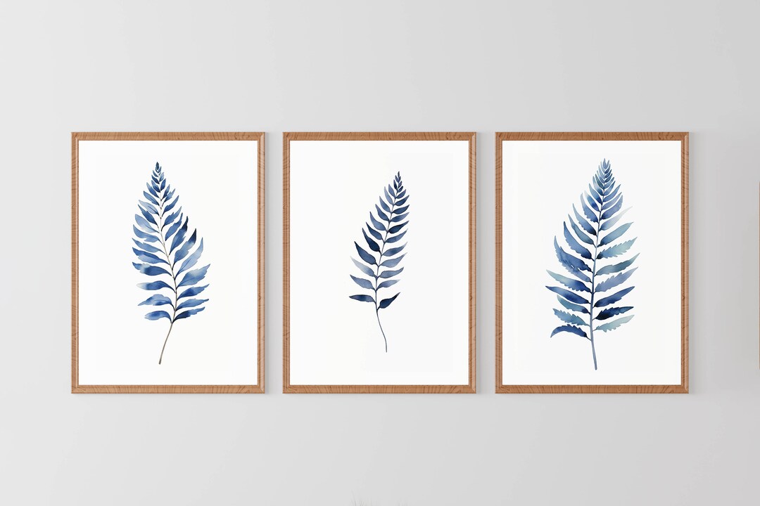 Navy Blue Fern Art Prints Set of 3 | Botanical Watercolor Art ...