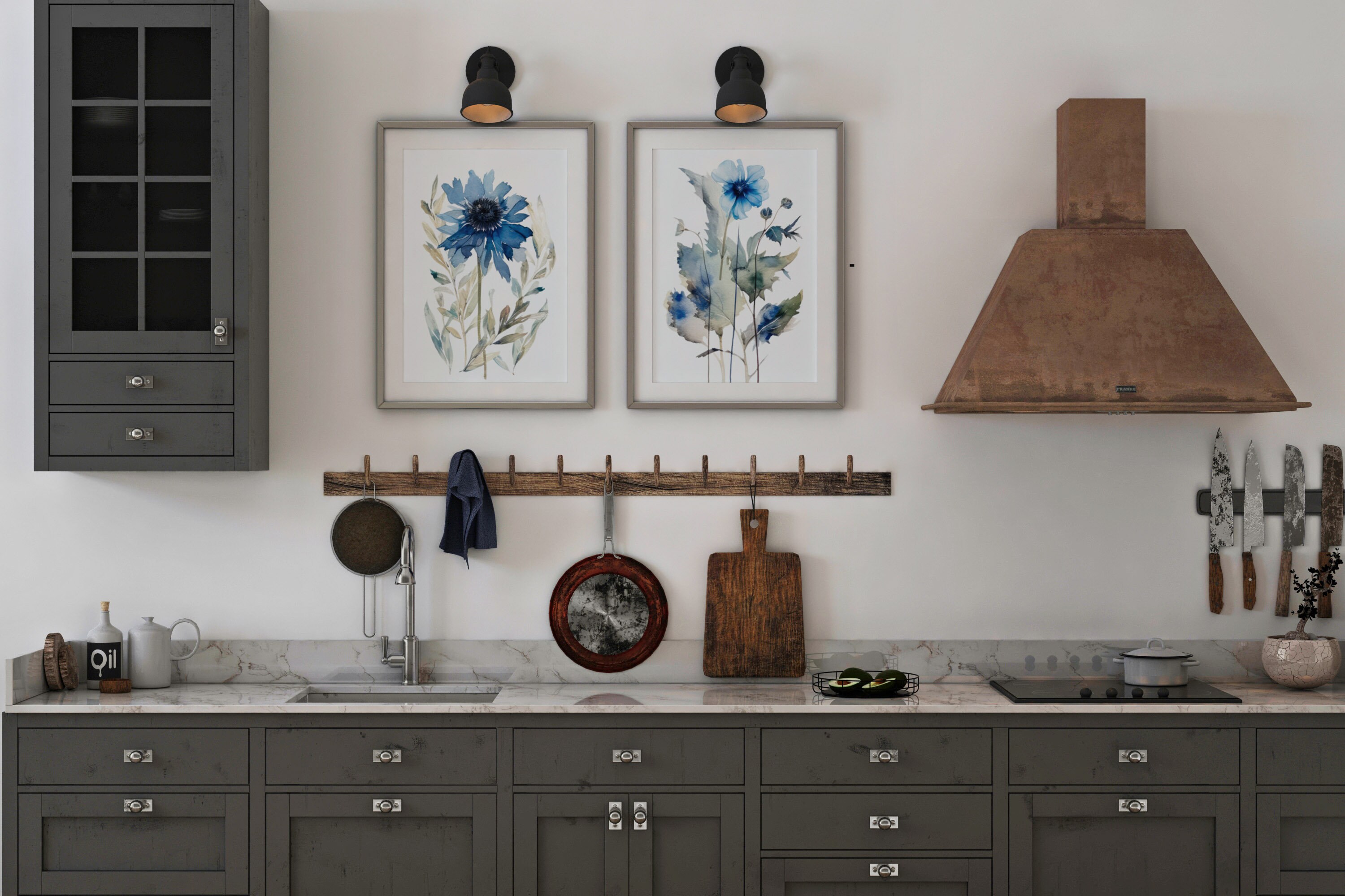 Navy Blue Spring Meadow Flowers Diptych Art, Watercolor Nature Inspired ...