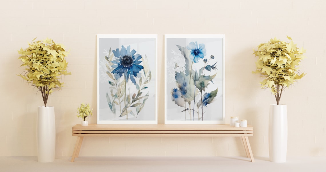 Navy Blue Spring Meadow Flowers Diptych Art, Watercolor Nature Inspired ...