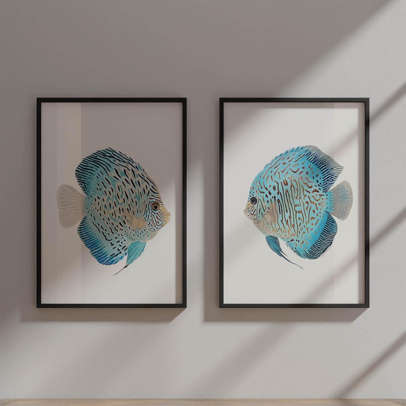 Blue Discus Fish Art Print Set: Watercolor Ocean Wall Decor - Etsy