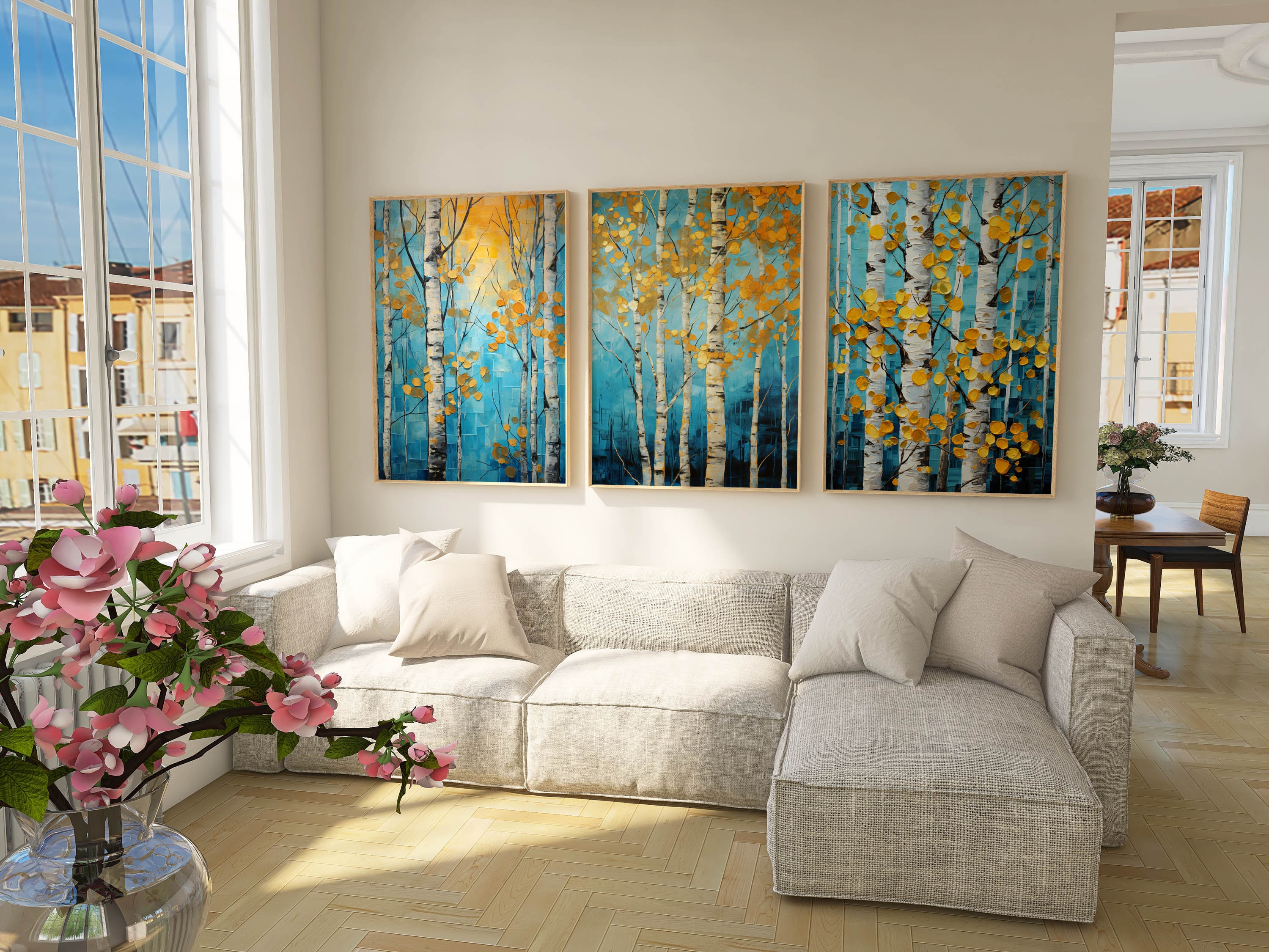 Birch Tree Art Set of 3 Tree Abstract Painting Gold and Navy Blue Art ...