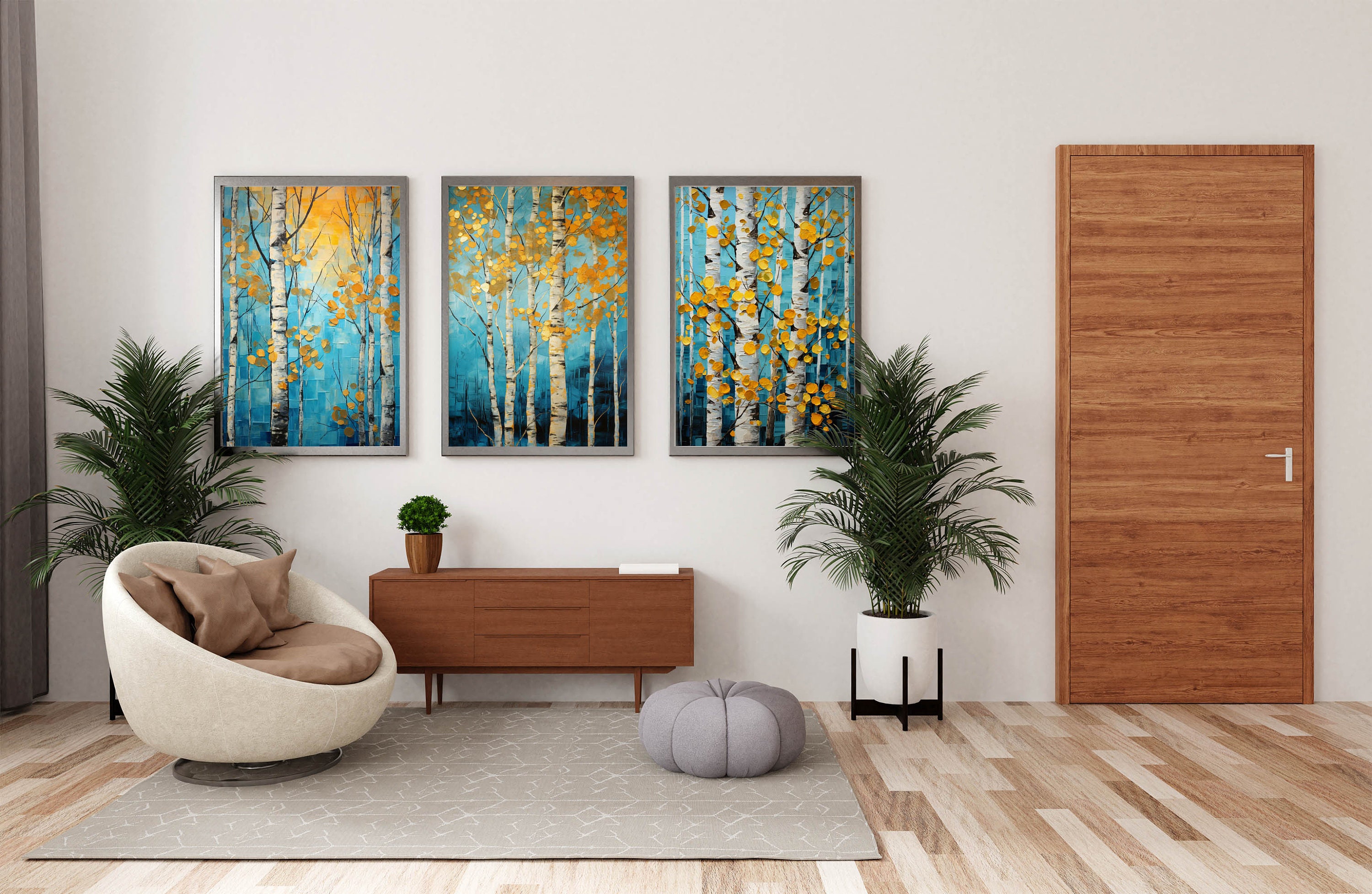 Birch Tree Art Set of 3 Tree Abstract Painting Gold and Navy Blue Art ...