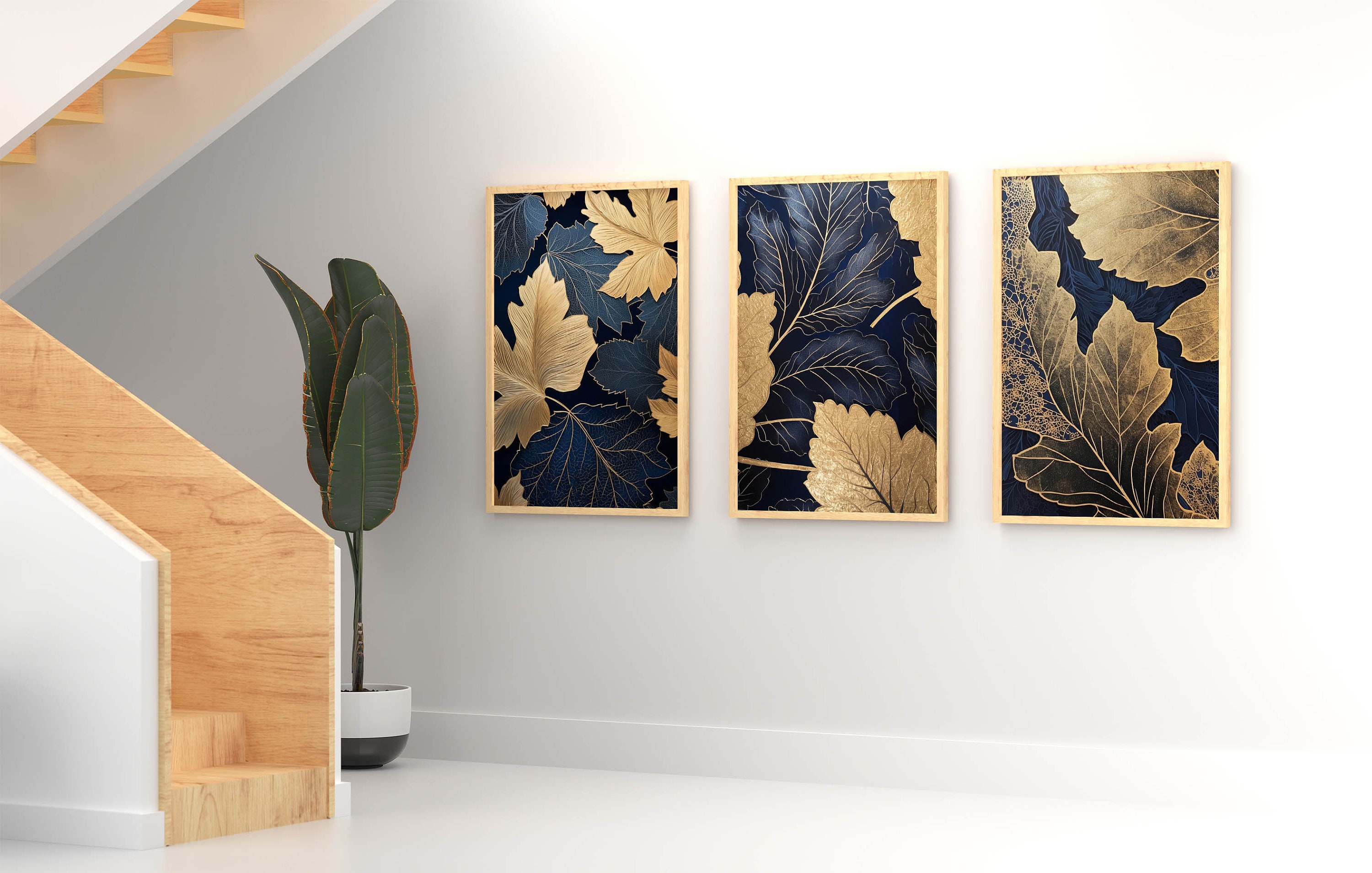 Set of 3 Leaf Botanical Wall Art Navy Blue & Gold Botanical Wall Art ...