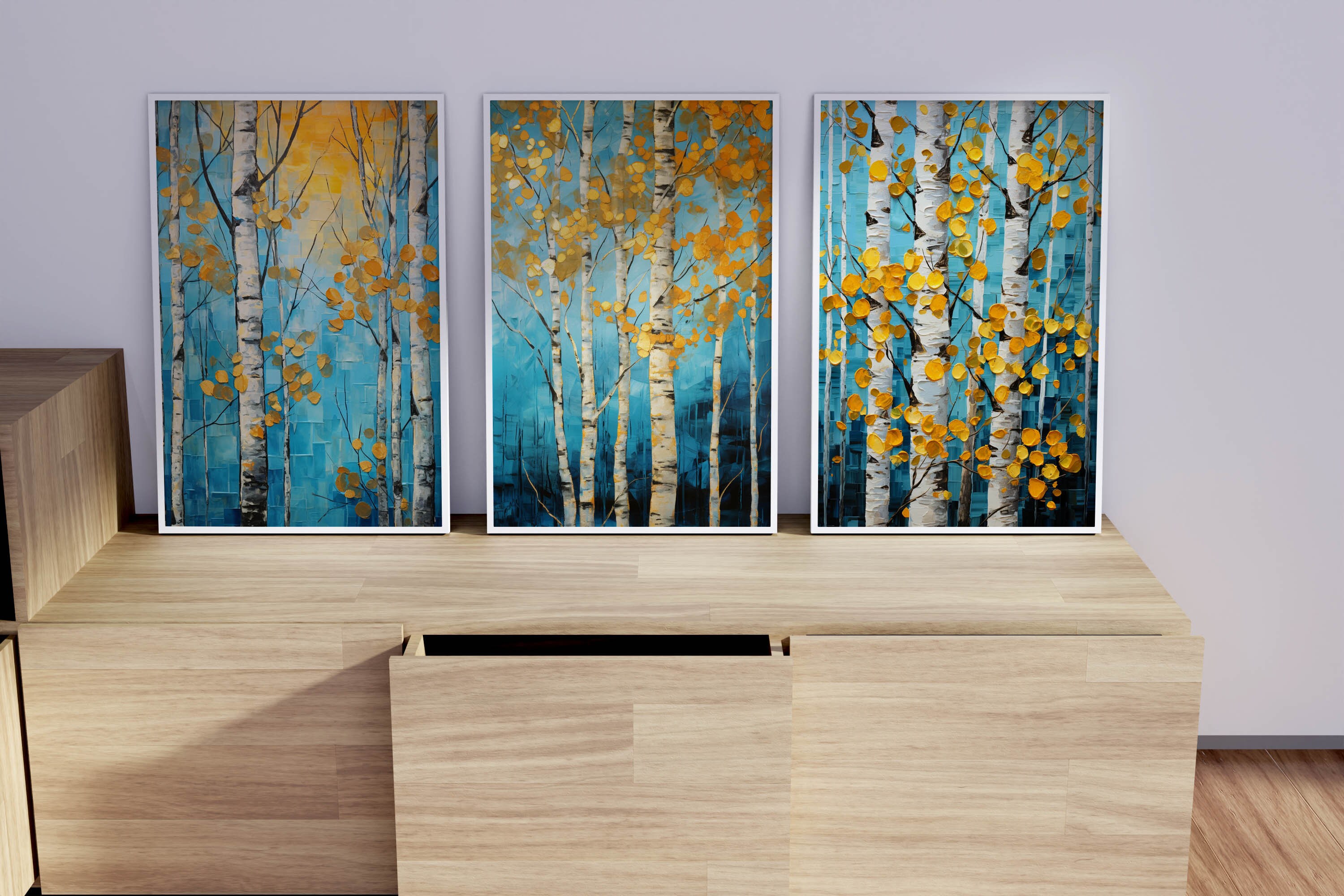 Birch Tree Art Set of 3 Tree Abstract Painting Gold and Navy Blue Art ...