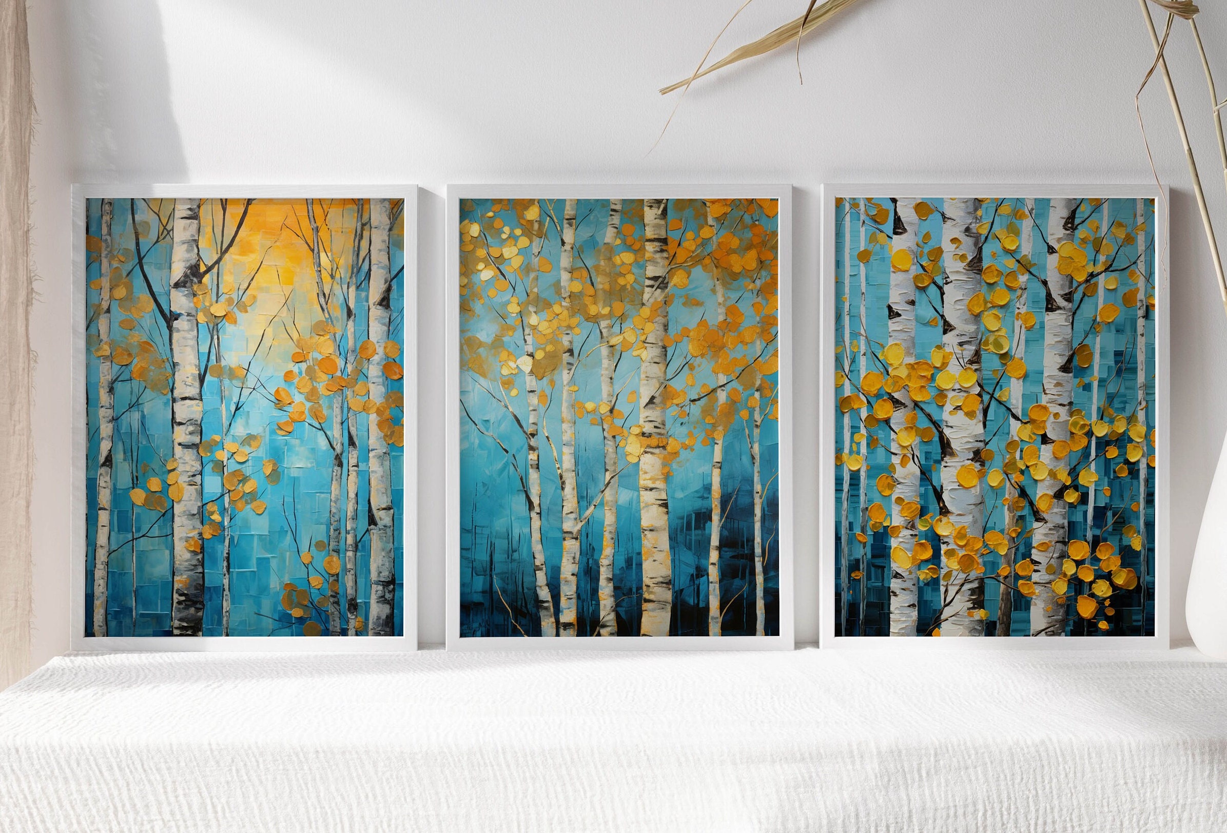 Birch Tree Art Set of 3 Tree Abstract Painting Gold and Navy Blue Art ...