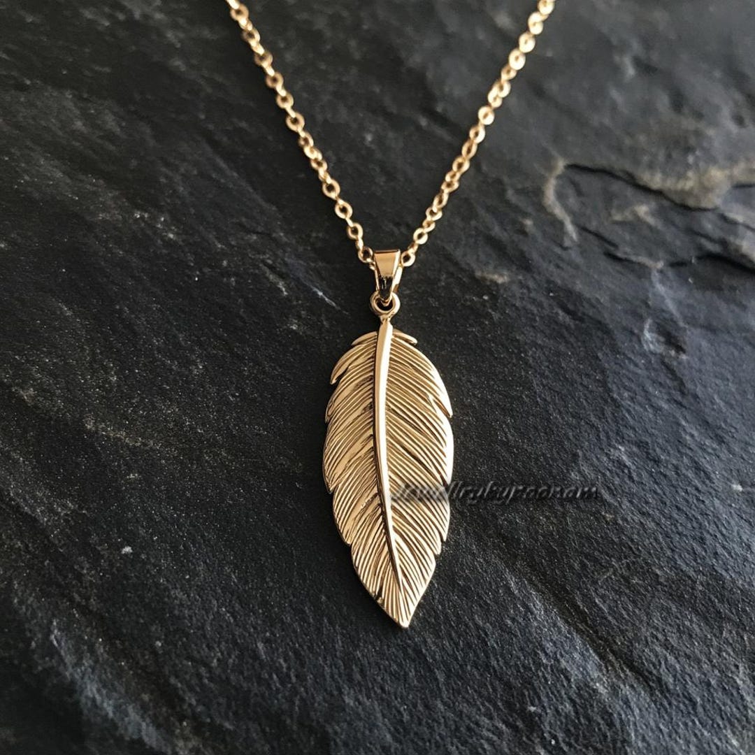 14k Gold Feather Pendant, Boho Feather Pendant, Dainty Feather Necklace ...
