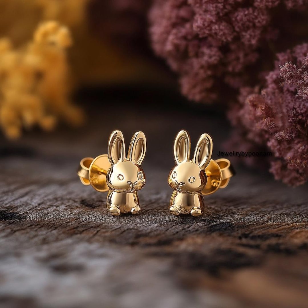14k Gold Bunny Stud Earrings, Cute Rabbit Stud Earrings, Bunny Stud ...