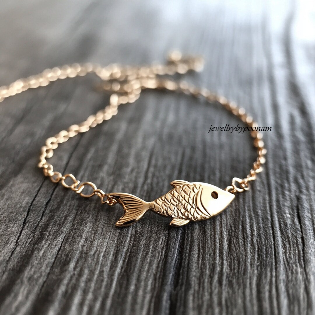 14k Gold Chain Fish Bracelet,gold Fish Chainbracelet,gold Fish Chain ...