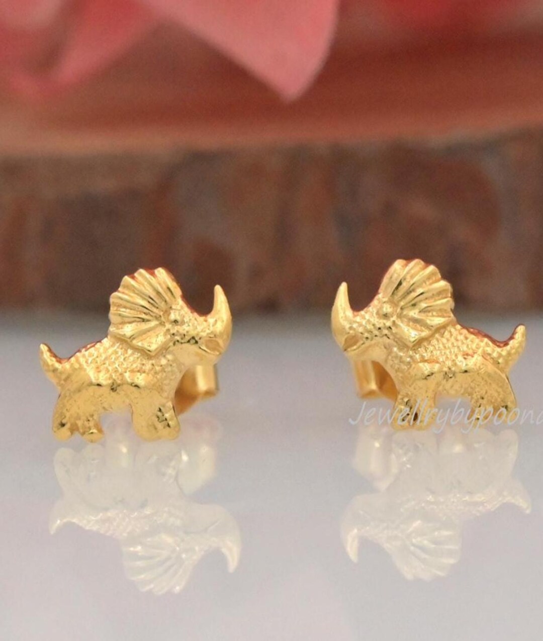 14k Gold Dainty Triceratops Dinosaur Stud, Triceratops Earrings, Cute ...