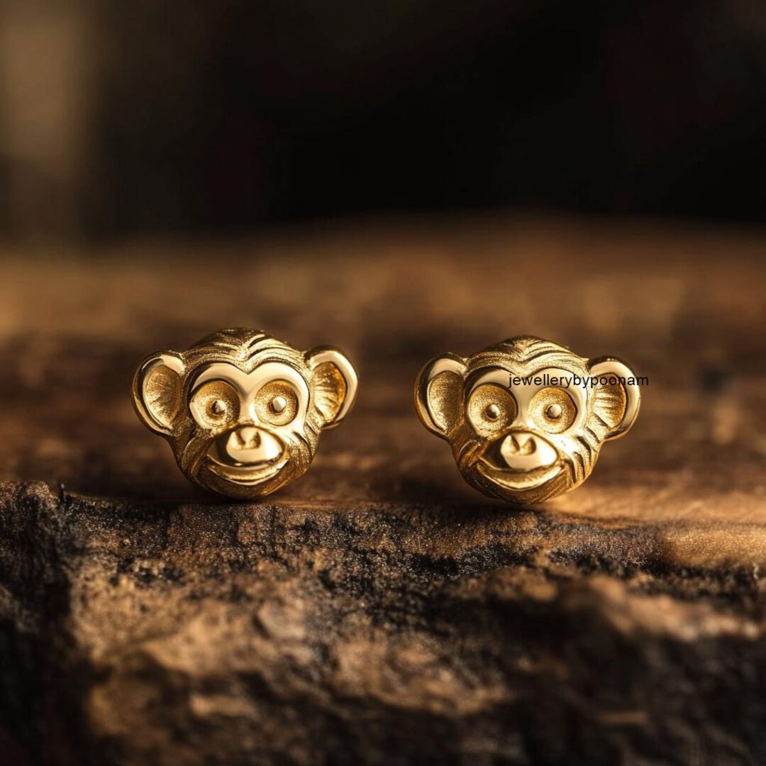 14k Gold Monkey Stud Earrings, Cute Monkey Stud, Dainty Gold Monkey ...