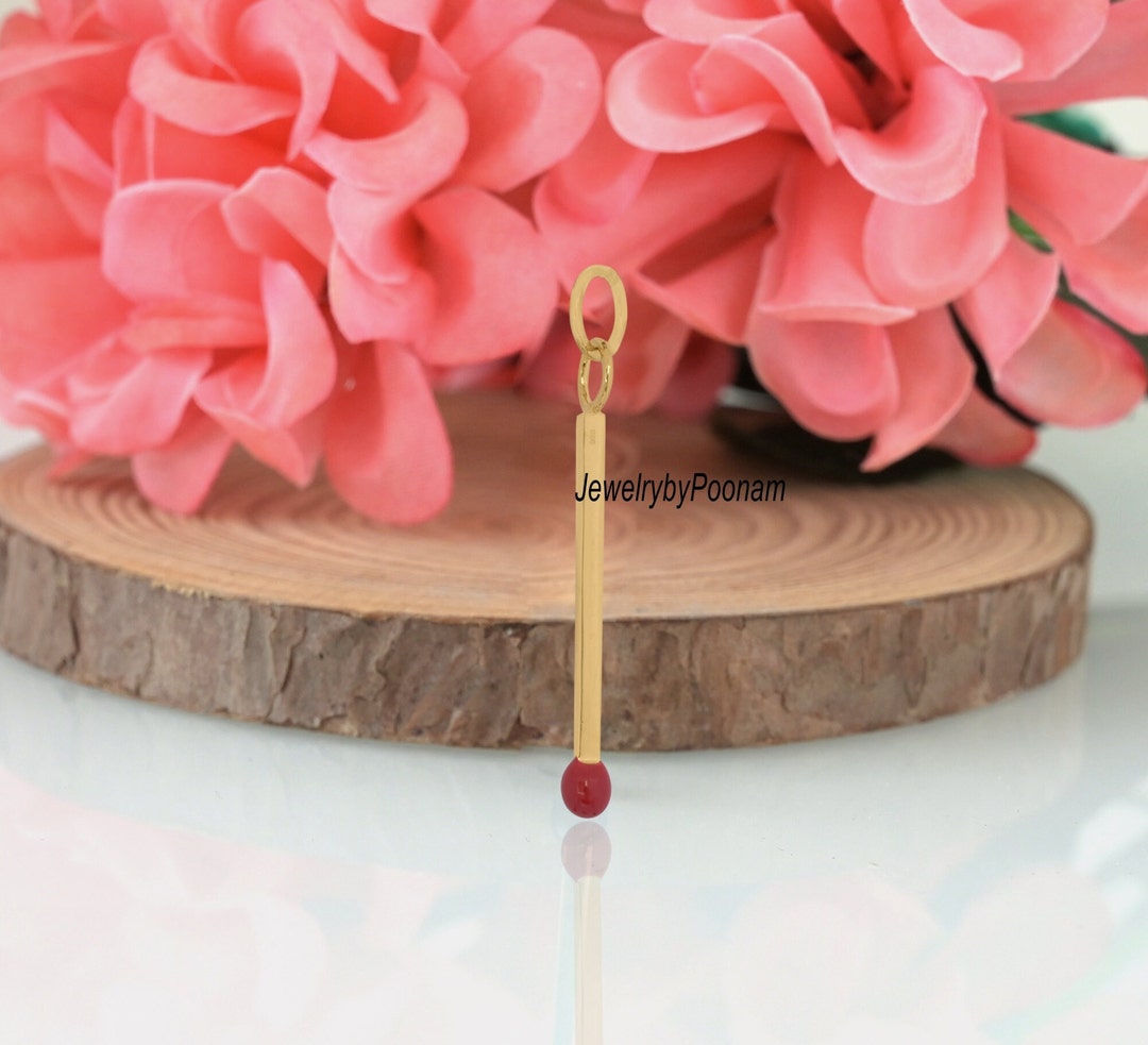 14k Gold Matchstick Pendant: Lucky Red Enamel Charm (35mm) - Etsy