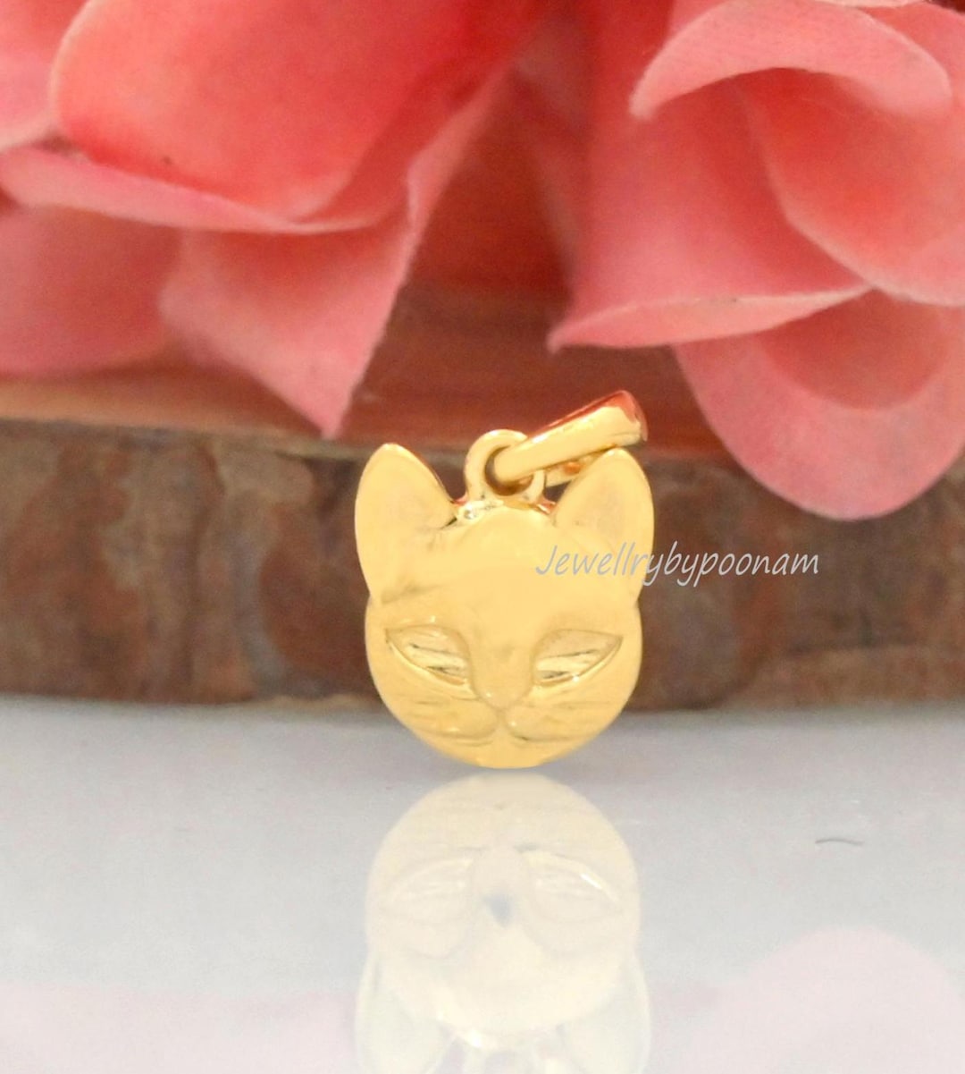 14K Gold Cat Face Pendant, Dainty Sterling Silver Animal Charm - Etsy