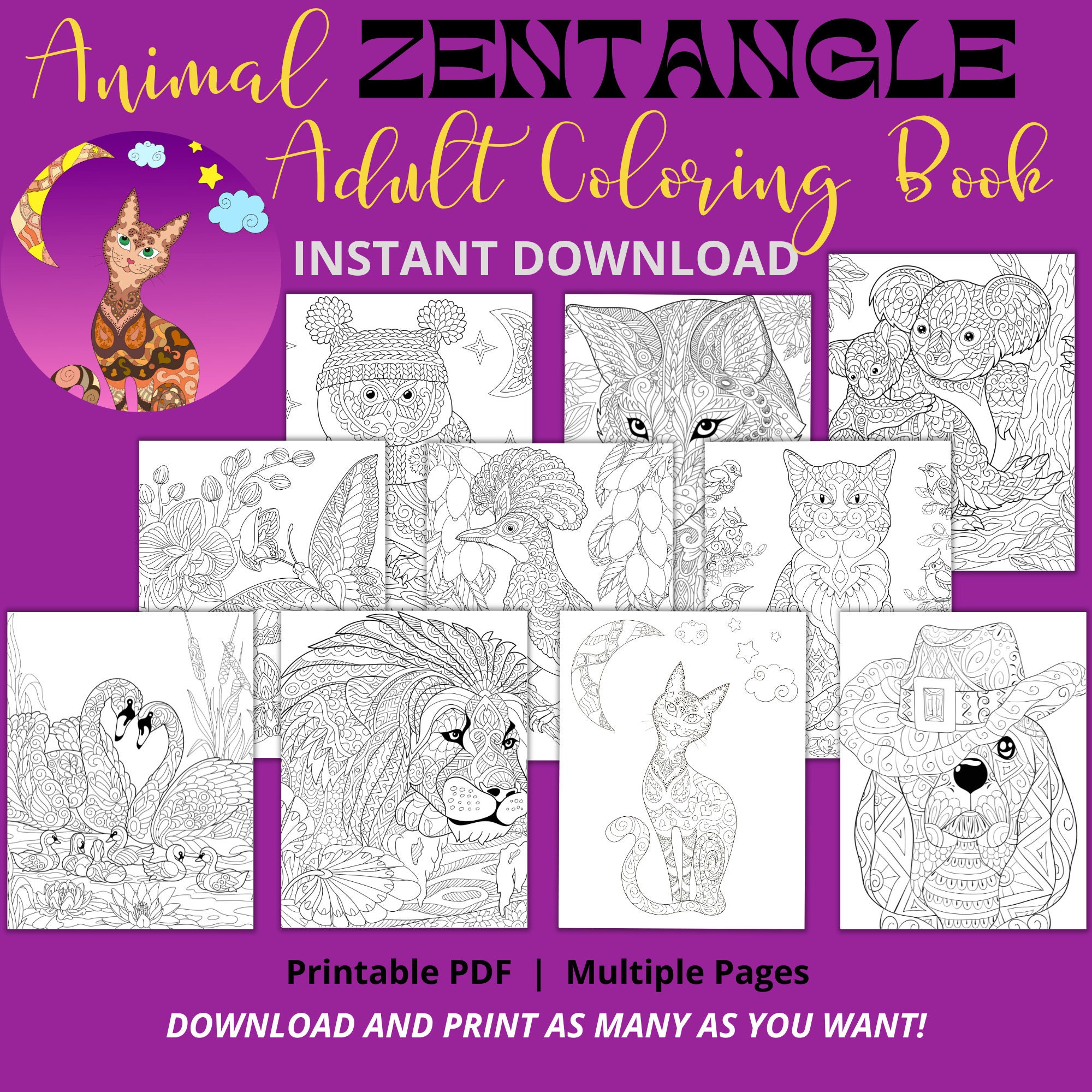 Animal Zentangle Adult Coloring Book - Etsy