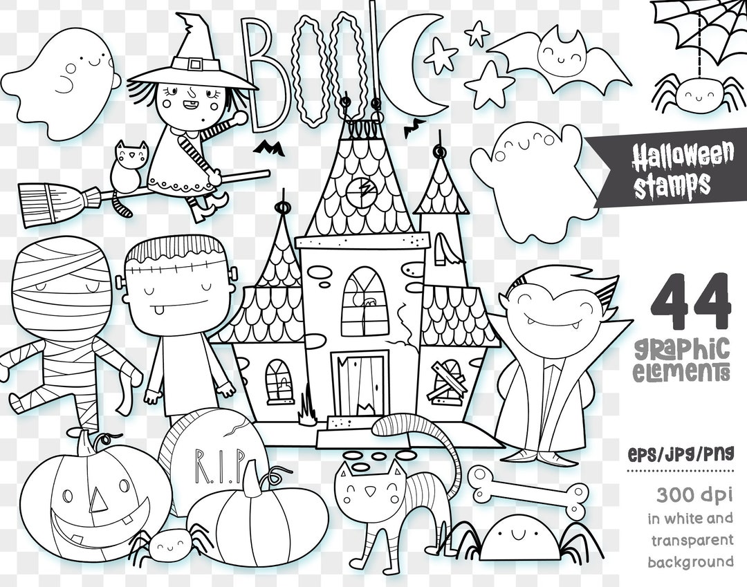 Halloween Digital Stamp, 44 Elements, Ghost Doodles, Witch Stamps ...