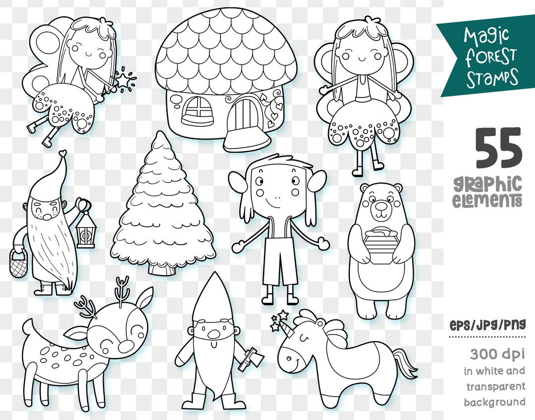 Magic Forest Digital Stamp, 55 Elements, Woodland Doodles, Fairies ...
