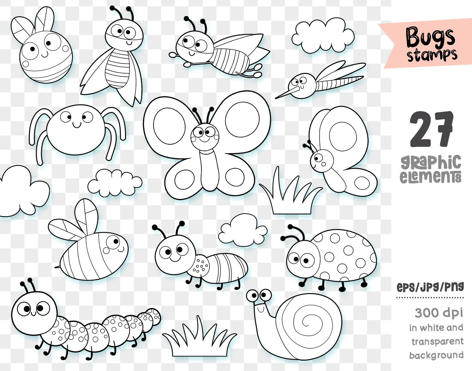 Bugs Digital Stamp, 27 Graphic Elements, Bugs Doodles, Insects Stamps ...