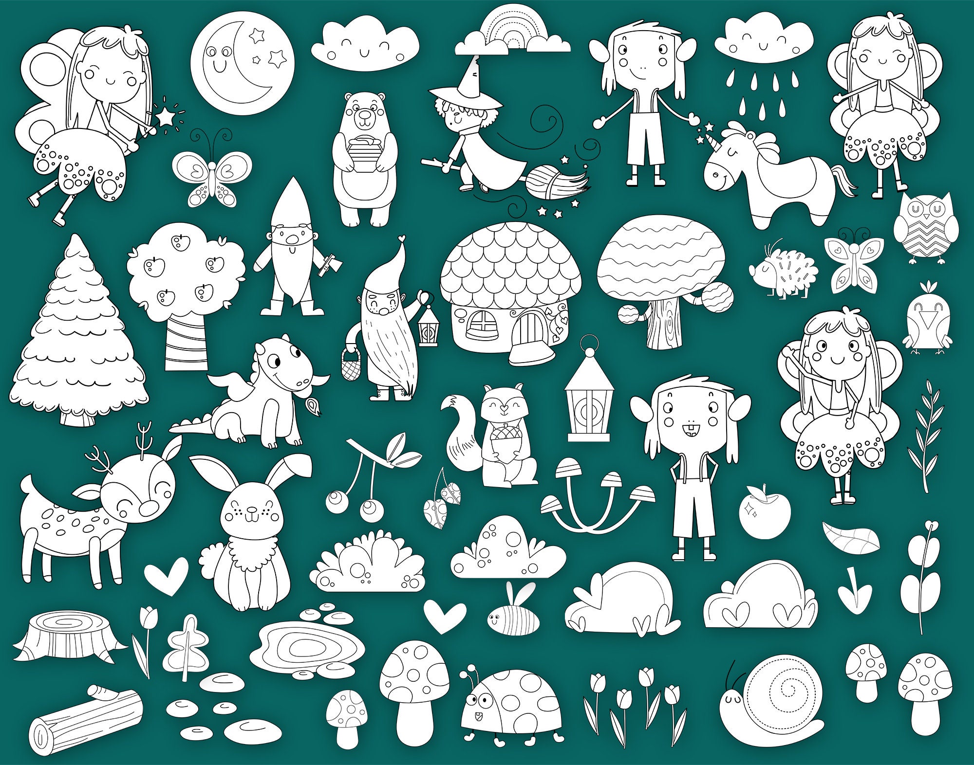 Magic Forest Digital Stamp, 55 Elements, Woodland Doodles, Fairies ...