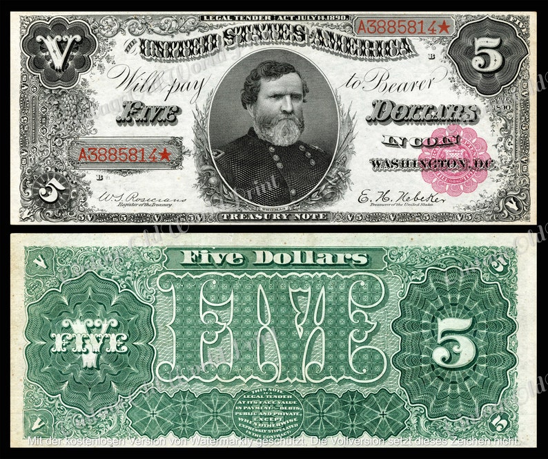 Printable Antique Banknotes 1890 "five Dollar" Bank Note DIGITAL, Old ...