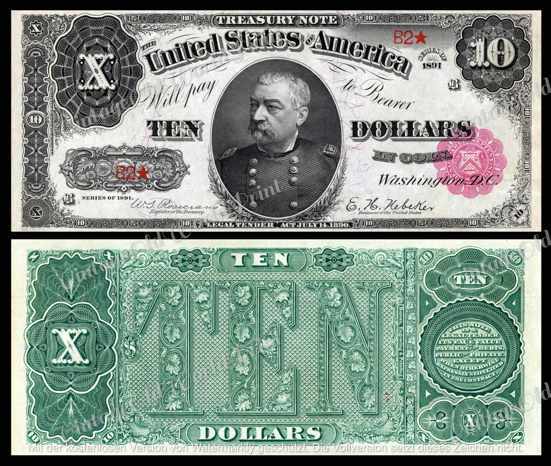 1890 "ten Dollar" Bank Note DIGITAL Printable Antique Banknotes, Old ...