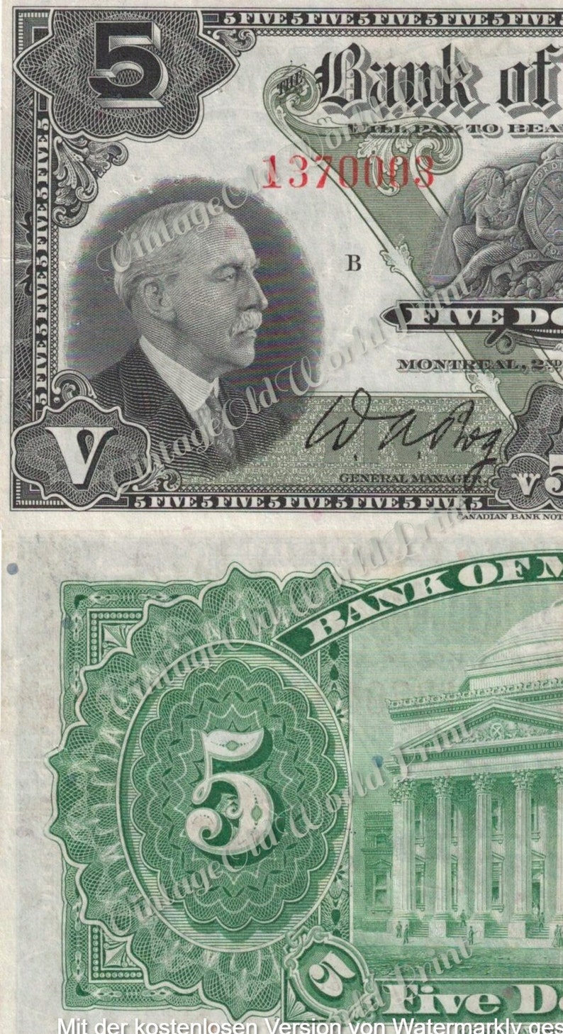 1930s Five Dollars Bank Note DIGITAL Printable Antique Banknotes, Old ...