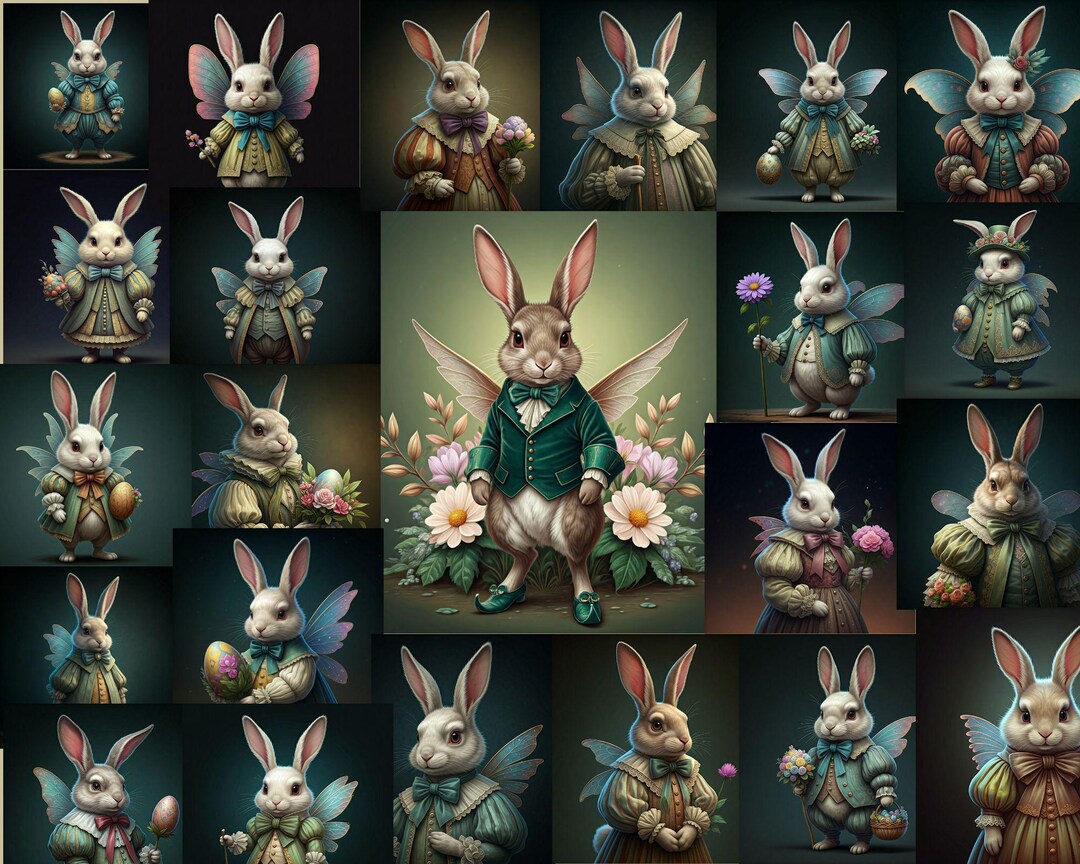 41 Easter Bunnies Elves in Vintage Style, Printable Cute Easter Bunny ...