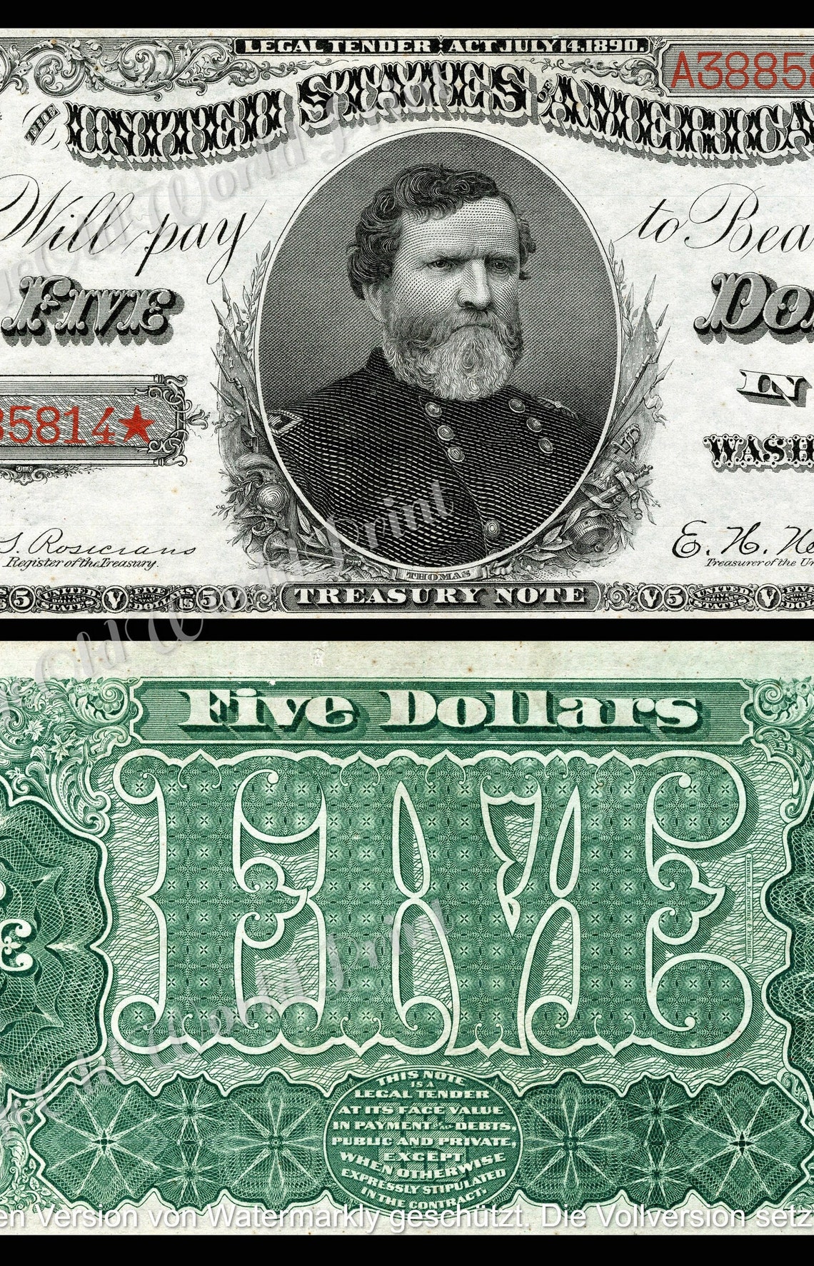 Printable Antique Banknotes 1890 "five Dollar" Bank Note DIGITAL, Old ...