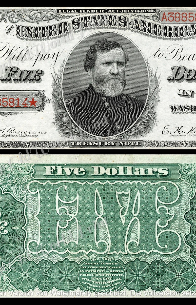 Antique Banknotes 1890 "five Dollar" USA Bank Note Old Money, Junk ...