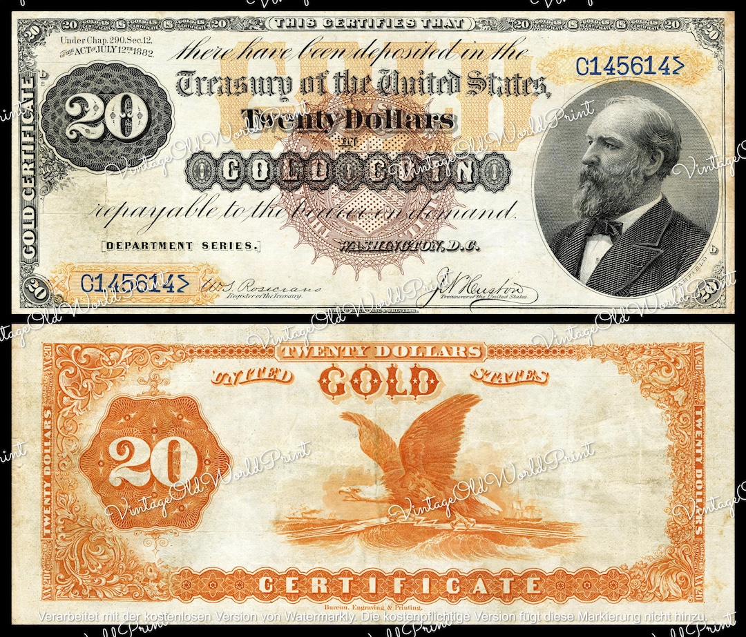 Vintage Bank Note 1882 20 Dollar GOLD Certificate DIGITAL Printable ...