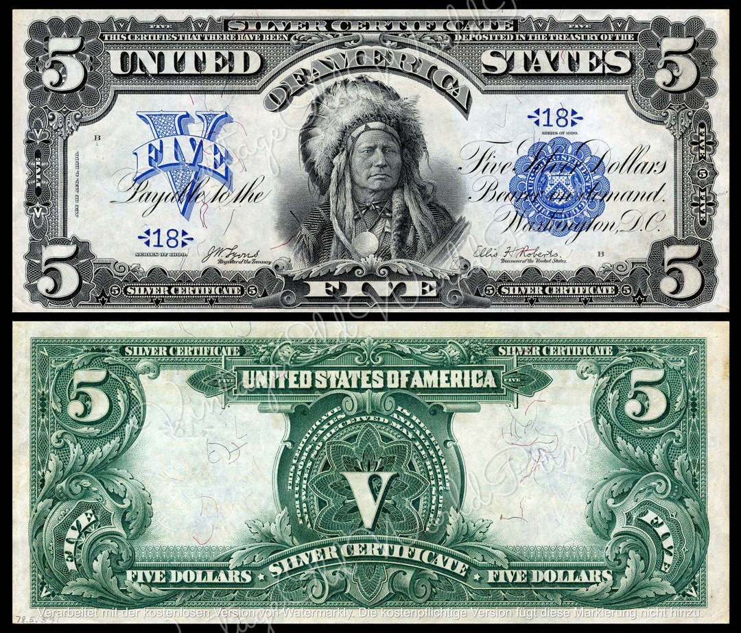 1899 5 Dollar Bank Note, Indian Chief Banknote, DIGITAL USA Old ...